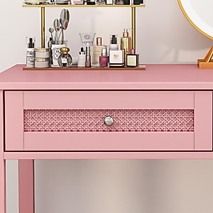 Vikiullf Pink Desk with Drawers - 39 in Study Writing Table Makeup Vanity Desks for Small Spaces, Modern Home Office Desk with 2 Rattan Drawers, (Pink, 39.5)