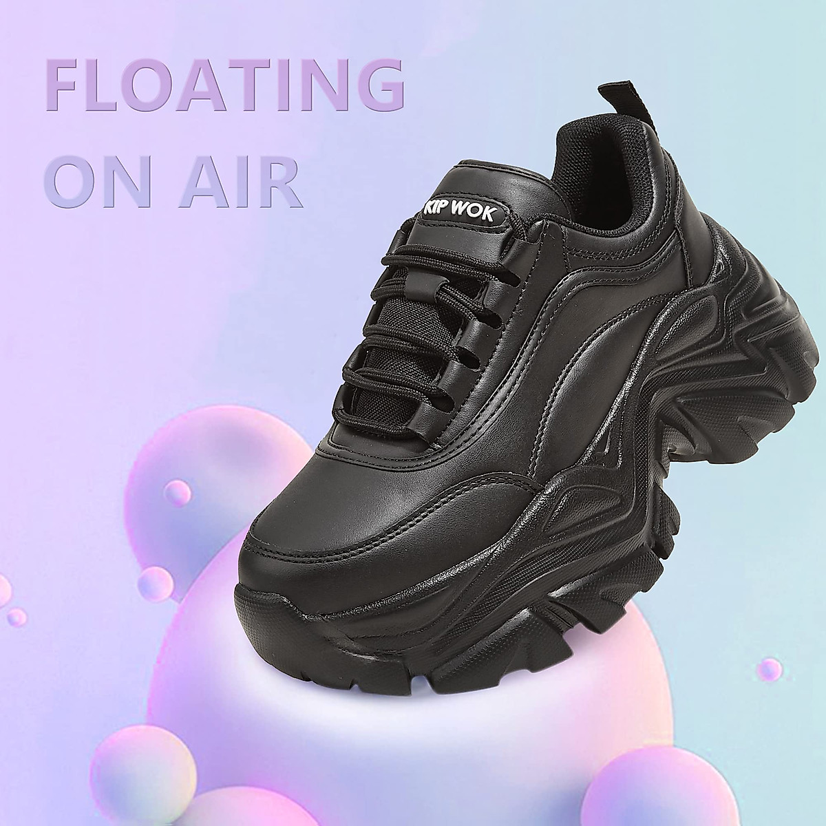 K KIP WOK Chunky Sneakers for Women Fashion Platform White Leather Casual Dad Shoes Comfortable Wedge Walking Sport Sneakers(Black,11B(M) US