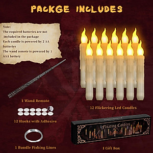 Floating Candles with Wand Remote, Halloween Decorations 12Pcs Magic Hanging Candles, LED Flickering Warm Light Flameless Candles for Party Room Home Ceiling Witch Decor, Halloween Gifts for Kids