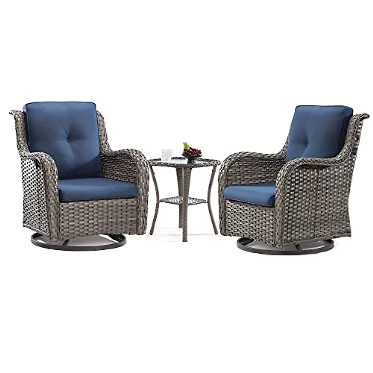 MeetLeisure Outdoor Swivel Rocker Wicker Chairs Set of 3, High Back Swivel Patio Chairs Wicker Furniture Set, 2PCS Rattan Swivel Rocking Chair with Side Table(Mixed Grey/Blue)