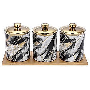 JUXYES Set of 3 Ceramic Canisters Set for Sugar Coffee Tea With Tray, Luxurious Storage Containers Sets with Lids Decorative Storage Pots Marble Ceramic Storage Jar for Kitchen Counter Dining Room