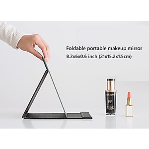 NAYSAYE Folding Travel Makeup Mirror, PU Portable Compact Vanity Desk Mirror with Stand, Large (8.5L x 6W)
