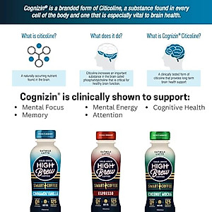 High Brew Coffee, Smart Coffee with Cognizin®, Cinnamon Vanilla, Dairy-Free, Sugar-Free, 12 Fl Oz, Ready-To-Drink (Pack of 12)