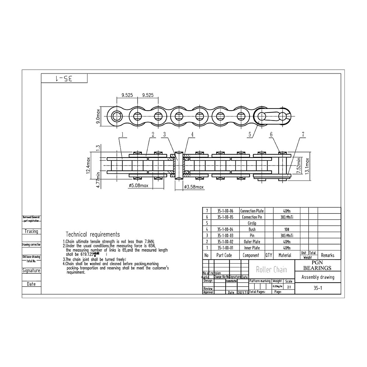 PGN #35 Roller Chain - 4 Feet + Free Connecting Link - Carbon Steel Chains for Bycicles, Mini Bikes, Motorcycles, Go-Karts, Home and Industrial Machinery - 128 Links
