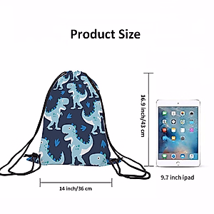 Beabes Blue Dinosaur Print Drawstring Backpack Bag - Dino Little Cute Cartoon Animal Pattern Roar Series Sport Gym Sack Drawstring Bag for Men Women