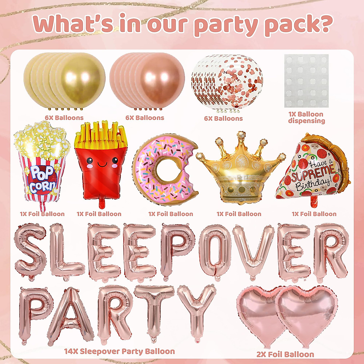Sleepover Party Supplies for Girls - Rose Gold Sleepover Party Balloon Banner Large Popcorn Donut Pizza Crown Foil Balloons Girls Night Slumber Pajamas Spa Party Birthday Party Decorations