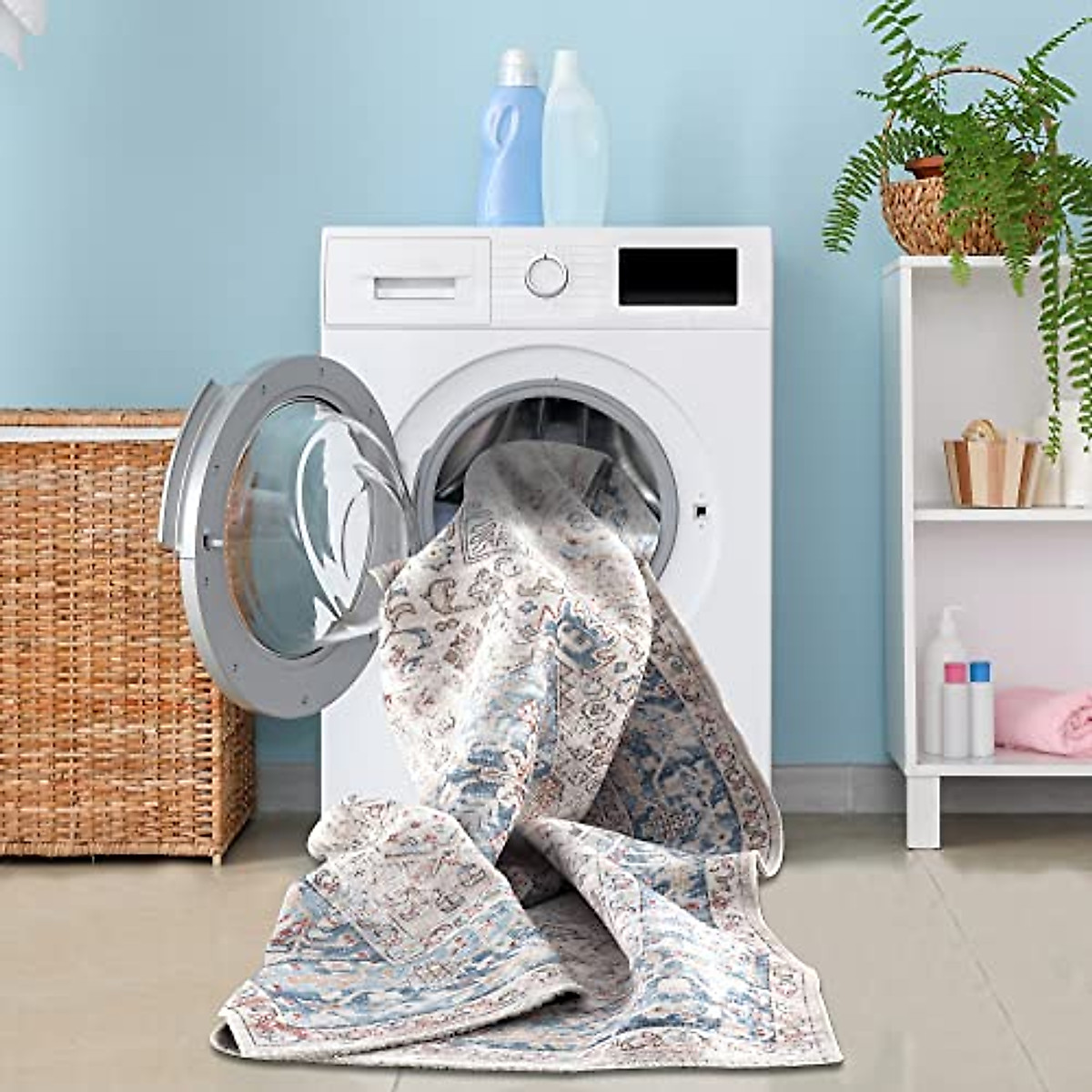 Bloom Rugs Caria Washable Non-Slip 5x7 Rug - Beige/Ocean Blue Area Rug for Living Room, Bedroom, Dining Room and Kitchen - Exact Size: 5' x 7'