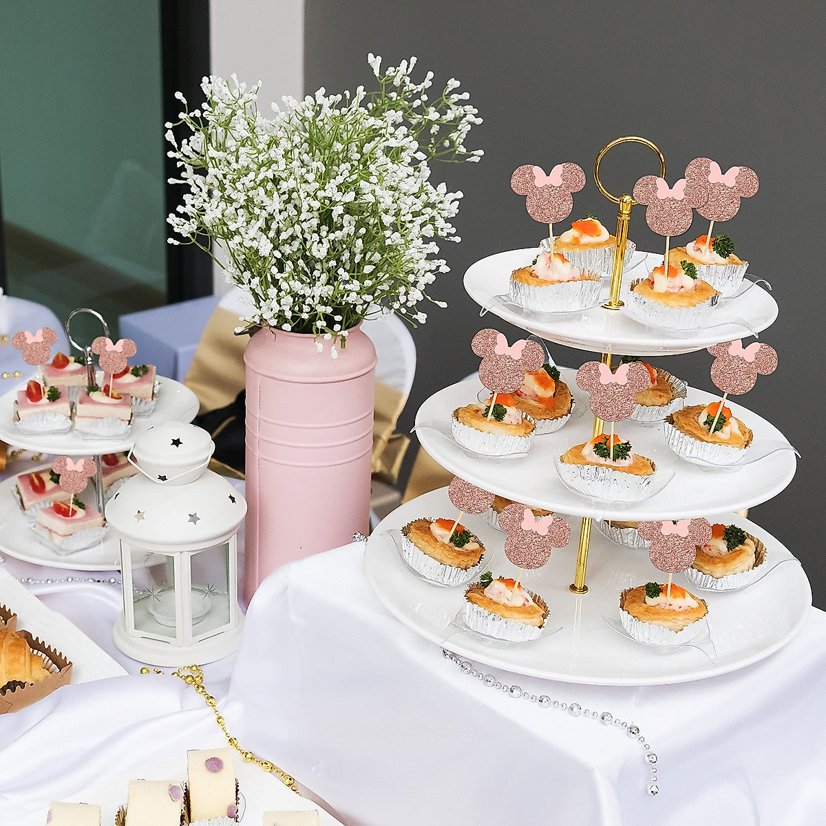 Gyufise 36Pcs Mouse Inspired Cupcake Toppers with Pink Bow Rose Gold Glitter Mini Mouse Cupcake Picks Decorations for Baby Shower Wedding Kids Birthday Party Supplies