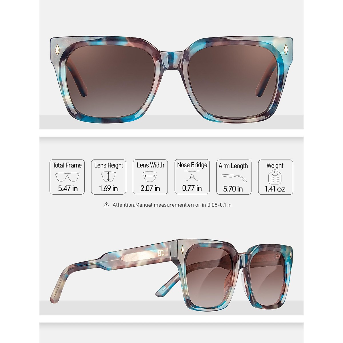 BIRCEN Polarized Trendy Sunglasses for Women: UV Protection Womens and Mens Square Shades with Acetate Frame BC2003