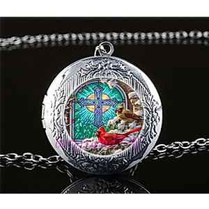 Mama Bear's Gift Shop Red Cardinal Bird Cross Silver LOCKET Pendant Necklace with Chain Women's Children's Men's Fashion Jewelry