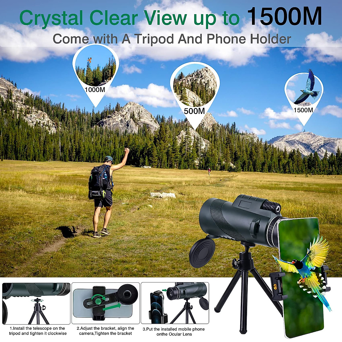 50X60 Monocular Telescope, Monoculars for Adults High Powered, High Power HD Compact Monocular BAK-4 Prism and FMC Lens, Stargazing Hunting, Wildlife Bird Watching, Travel Camping, Hiking (Green)