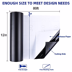Black Permanent Vinyl Roll 12 Inches by 80 Feet Black Adhesive Vinyl Roll for Cricut, Silhouette, Cameo Cutters, Signs, Scrapbooking, Craft, Die Cutters