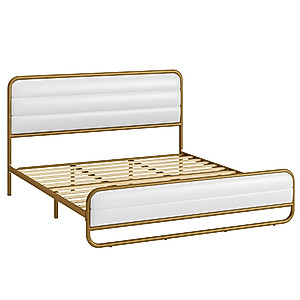 BOTLOG King Bed Frame with Headboard, PU Leather Upholstered Bed Frame with Wood Slats Support, No Box Spring Needed, Easy Assembly