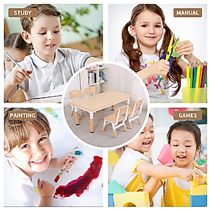 UNICOO Kids Study Table and Chairs Set, Height Adjustable Plastic Children Art Desk with 4 Seats, Kids Multi Activity Table Set (Maple Top + Nature Board)