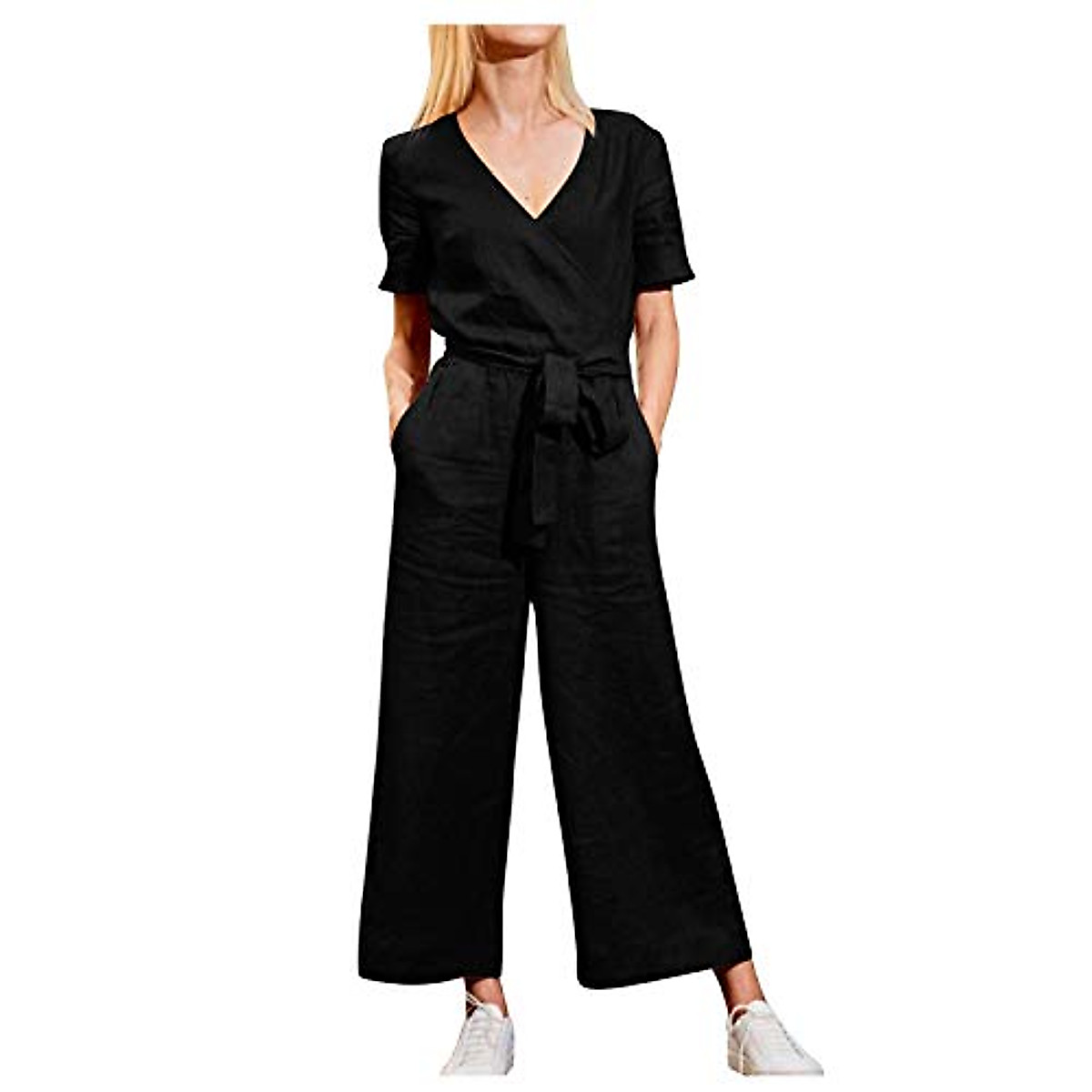 Bravetoshop Womens V Neck Wrap Short Sleeve Jumpsuits Casual Solid Color Belted Wide Leg Jumpsuit Romper with Pockets (Black,M)