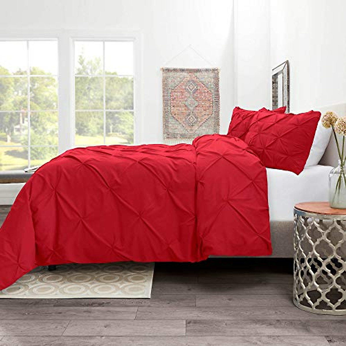Luxury 3 Piece Pinch Pleated Duvet Cover Set - Ultra Soft, Lightweight, Breathable Microfiber Bedding for Cool, Comfortable Sleep, Pintuck Decorative Comforter Cover, Queen, Cherry Red
