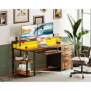 AODK 63 Inch Computer Desk with Power Outlet and LED Light, Office Desk with Fabric Drawer and Keyboard Tray, Gaming Desk with Adjustable PC Shelf and Monitor Stand, Desk for Bedroom with USB, Vintage