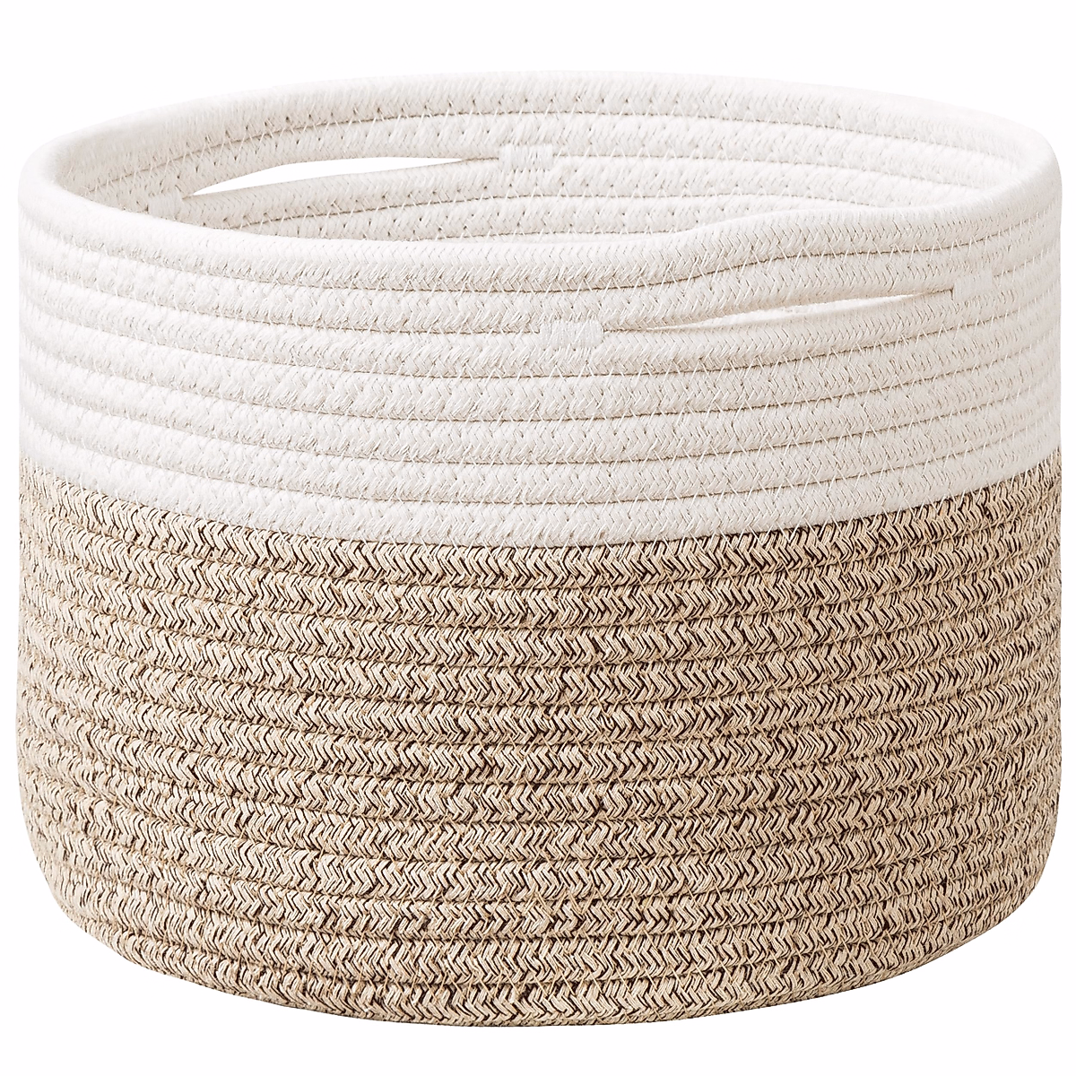 UBBCARE Small Basket for Organizing, Round Woven Basket With Handles, Small Storage Basket for decor, Beige & Brown Cotton Rope Basket (9.5" x 9.5" x 7.1")