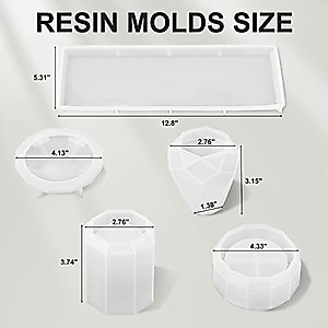 ISSEVE 4Pcs Resin Molds for Bathroom Accessories Set, Silicone Molds for Resin Casting - Toothbrush Holder Cup & Diffuser Bottle Mold, Tray & Jar Mold with Lid Kit for Countertop Vanity Organizer