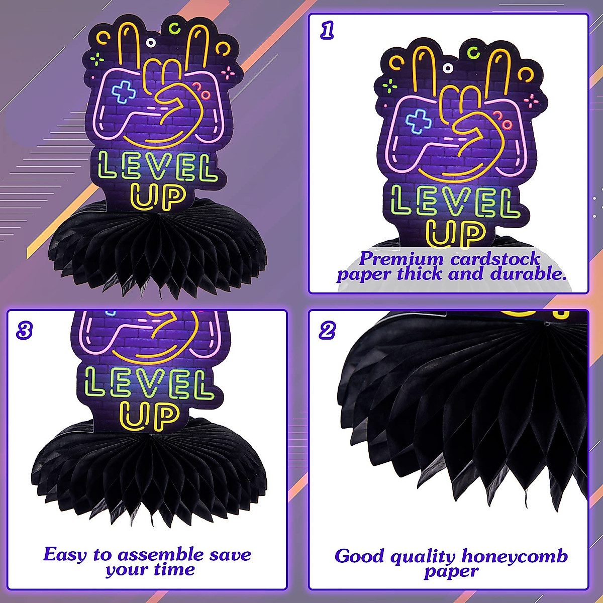 9 Pcs Neon Video Game Party Decorations Supplies Neon Video Game Honeycomb Table Centerpieces Cutouts for Video Game Birthday Baby Shower Theme Party Supplies