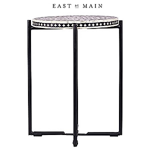 East at Main Round Side Table - 16”w x 20”h Wooden Floral Top, Metal Legs, Handmade Bone Inlay Circular Modern Decor - Collapsible Living Room, Office Farmhouse, Industrial Cocktail Furniture, Black