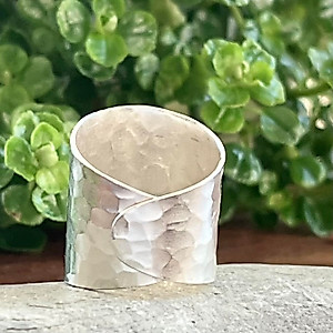 Hammered Sterling Silver Handmade Classic Wide Band Boho Statement Ring, Shiny Finish Wrap Band Adjustable to Sizes 6-12, Also as Thumb Ring, Gift for Her