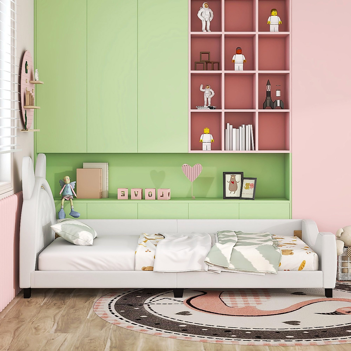 White Upholstered Twin Bed with Ears Shaped Bottom Tufted Headboard, Low Platform Bed Frame with Rails for Kids Girls Boys Teens, PU Leather