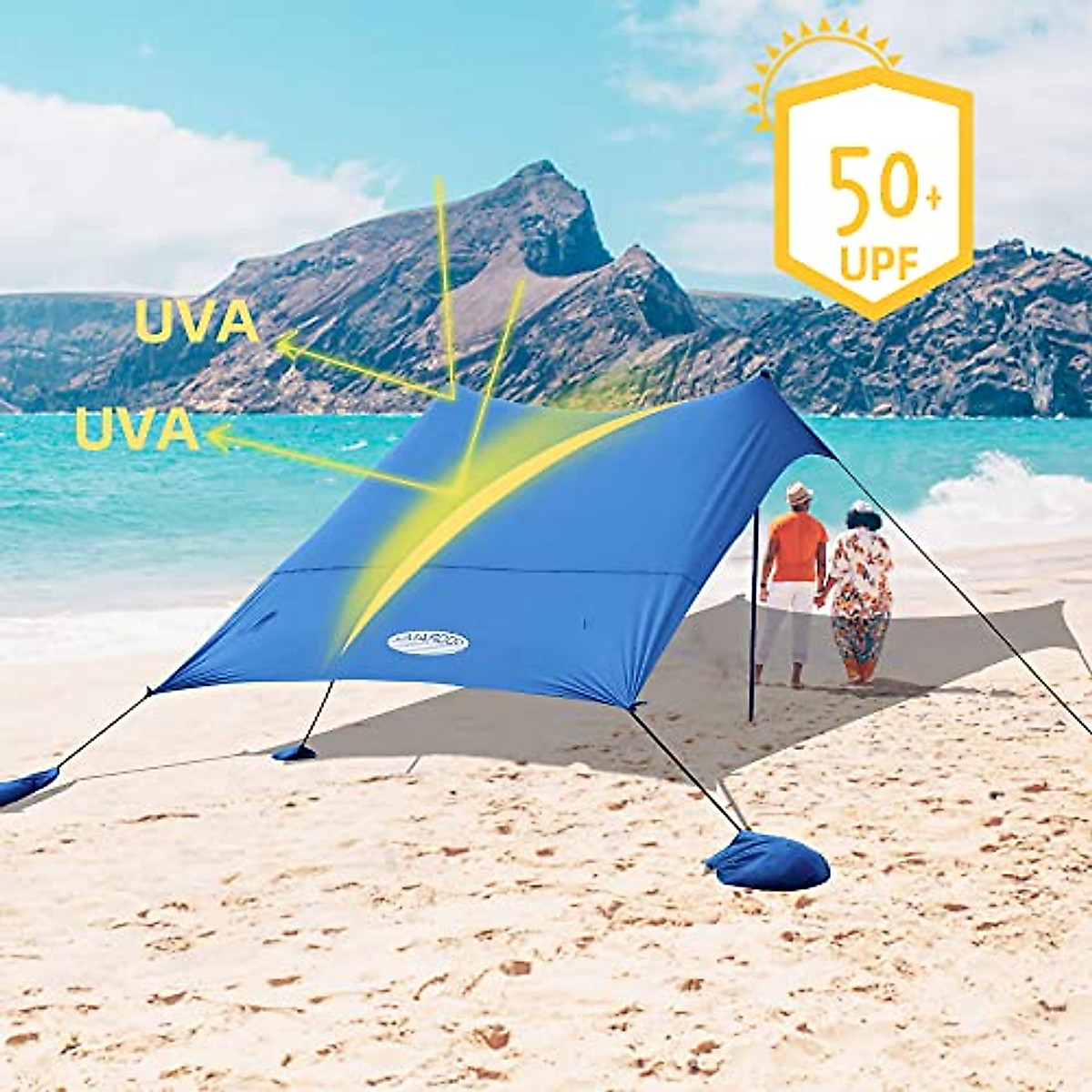 UMARDOO Family Beach Tent Sun Shade Canopy 10×10FT with 2 Aluminum Poles, UPF 50+ UV Protection Easy Setup Pop Up Portable Sun Shelter with Carrying Bag (Blue)