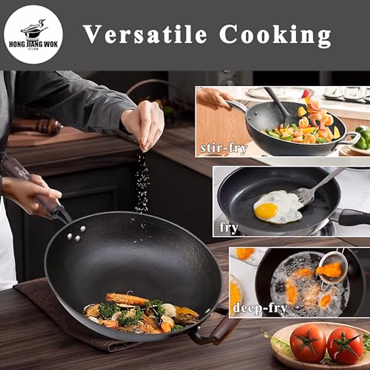 Cast Iron Wok Pan, 14.2" Preseasoned Nonstick Stir-Fry Pans, Flat Bottom Wok with Glass Lid and Wood Handle, Uncoated Traditional Chinese Wok for Induction, Electric, Gas Stoves