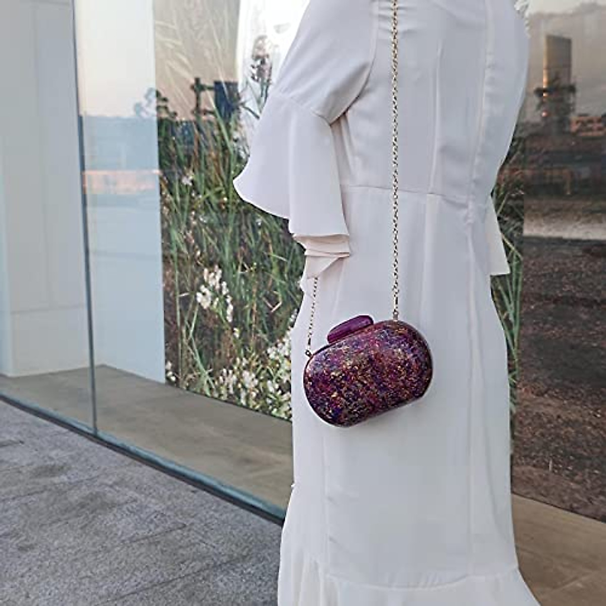 WuYangSto Small Clutch Purses for Women Prom Acrylic Evening Bags with Gold Chain (Purple)