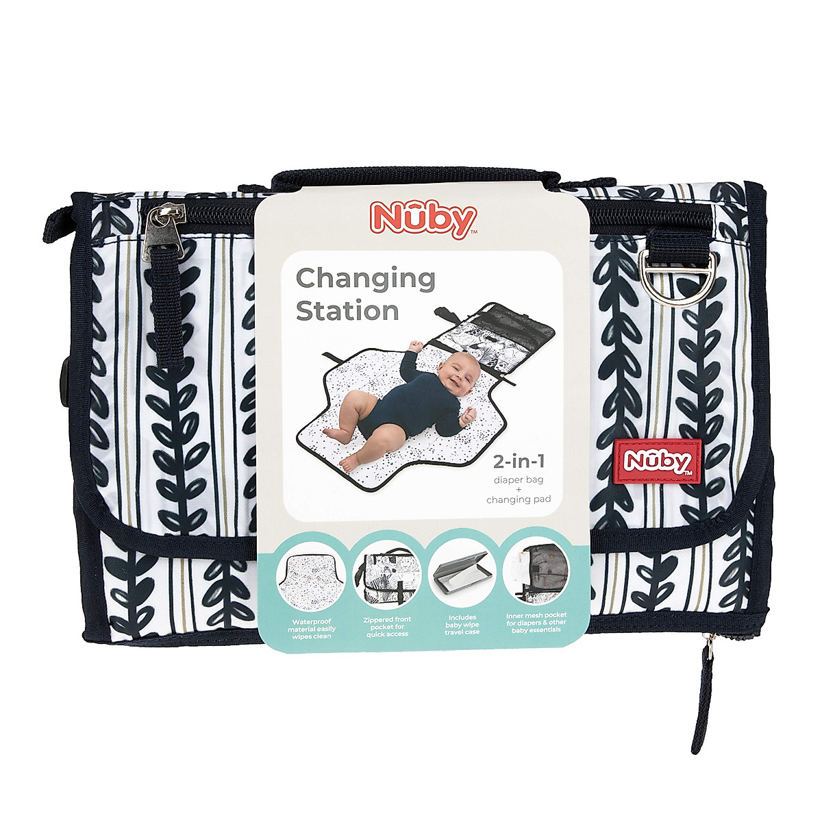 Nuby Portable Baby Changing Pad Station, Quick Wipe Clean Changing Mat with Built-in Pillow, Stripes Print