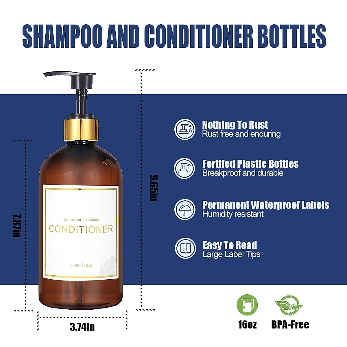 Akalin 16oz Shampoo and Conditioner Dispenser, Set of 3 Shampoo Bottles Refillable with Pump, 3 Shampoo and Conditioner Bottles, Shower Bottles Refillable with 6 Waterproof Labels (Brown)