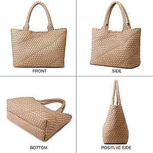 Woven Bag for Women, Fashion Top Handle Shoulder Bag Vegan Leather Shopper Bag Large Travel Tote Bag (Apricot)