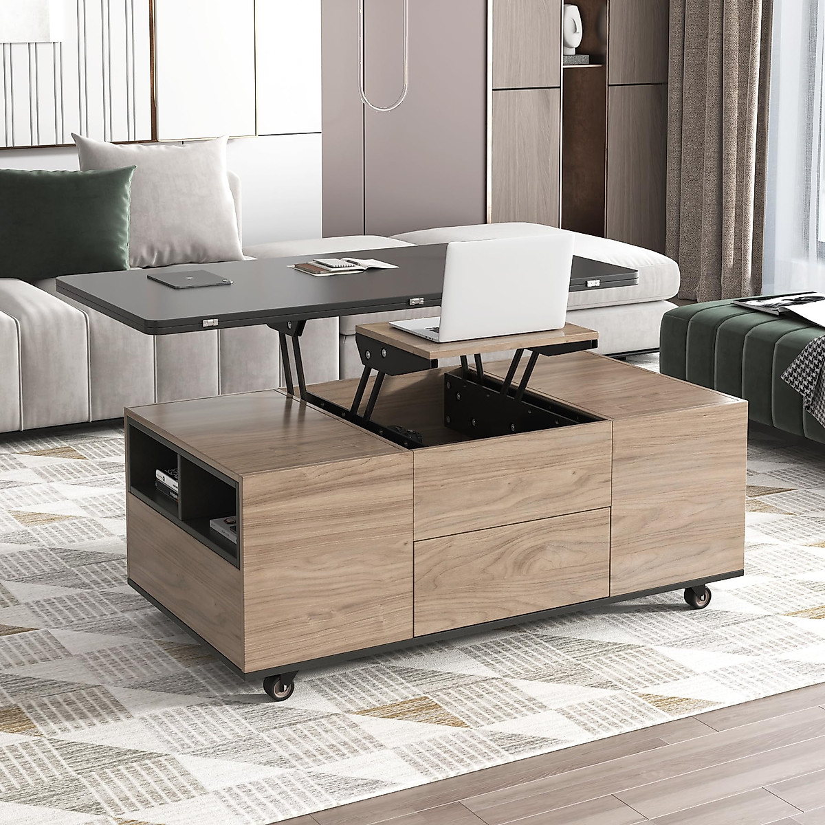 Merax Lift Top Coffee Table,with Fixable Wheels Open Storage Extendable Desktop Drawers