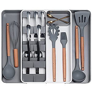 Kitchen Drawer Organizer, Silverware Organizer Utensil Organizer, Large Expandable Cutlery Organizer in Drawer, Adjustable Plastic Flatware Spoon Fork Storage Tray for Kitchen Gadgets Office Supplies
