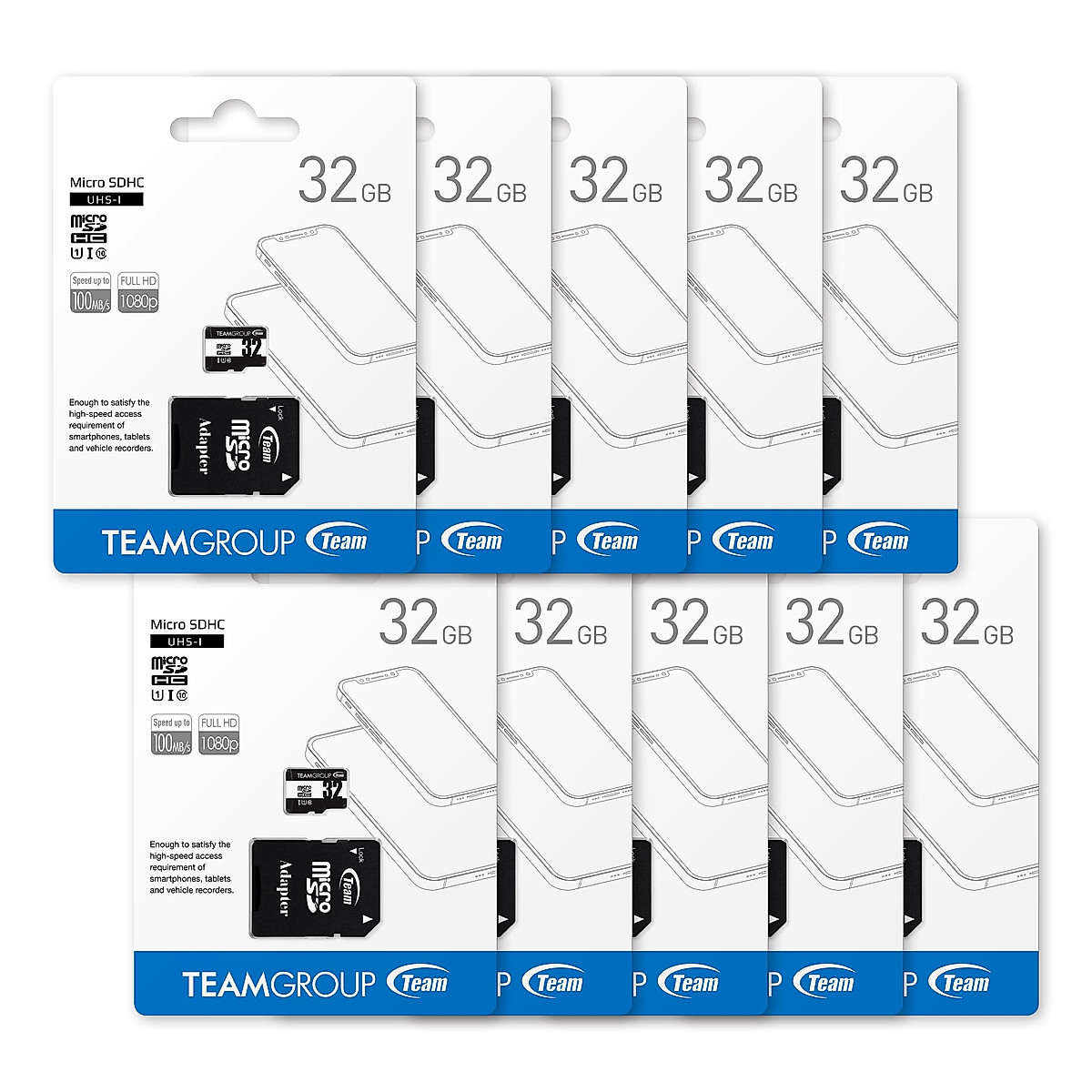 TEAMGROUP Micro 32GB x 10 Pack UHS-I U1 Class 10 SDHC SDXC Read Speed up to 100MB/s High Speed Flash Meomry Card with Adapter for Camera, Surveillance, Full HD Shooting TUSDH32GCL10U66