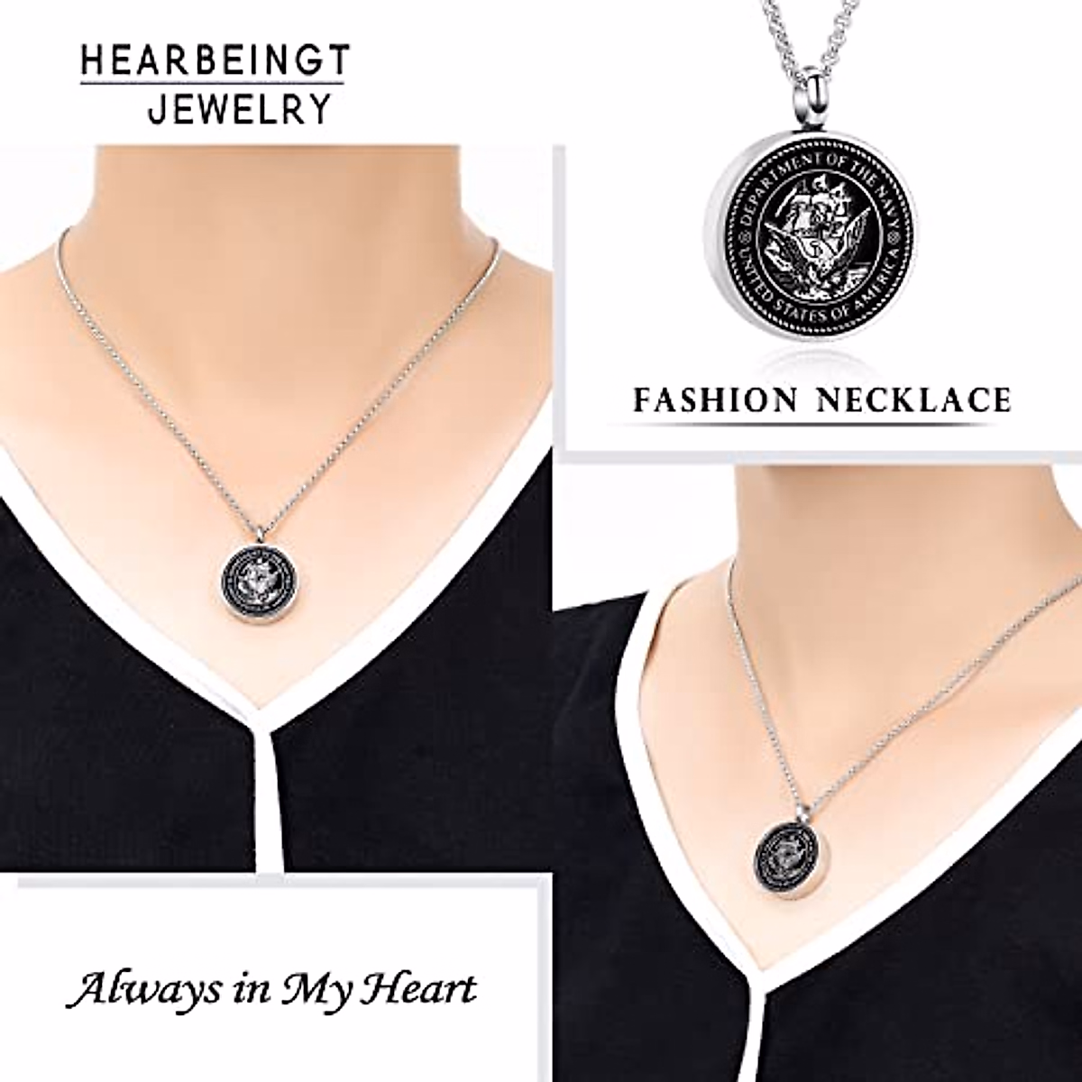 Hearbeingt Cremation Jewelry for Ashes USA Army/Air Force/Navy/Firefighter Memorial Urn Necklace for Ashes Keepsake Pendant for Women Men(Navy)