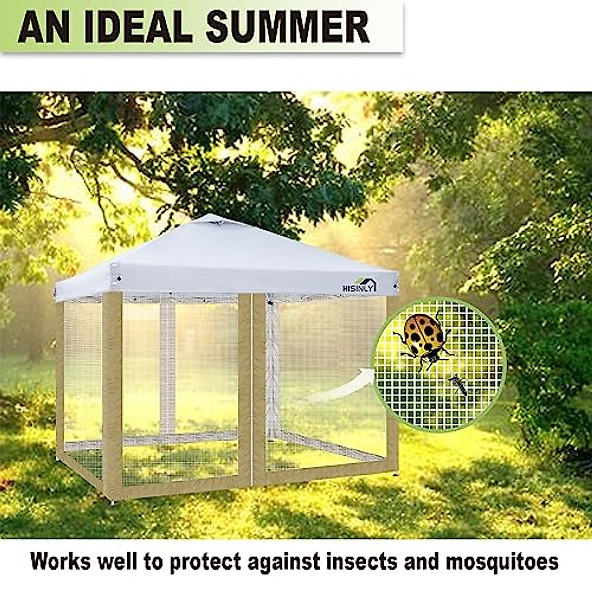 Hisinly Canopy Mesh Sidewalls for 10x10 Pop Up Canopy, 300D Oxford Fabric with Silver Caoting, Sidewall Netting, 4 Pieces Mesh Sidewalls with Door, Kahki (Canopy Tent NOT Included) (SW-04-4)
