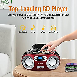 MEGATEK Portable CD Player Boombox with FM Radio, Bluetooth, USB, Aux-in and Headphone Jack, CD-R/RW and MP3 CDs Compatible, Enhanced Stereo Sound, AC/Battery Operated - Cherry Red