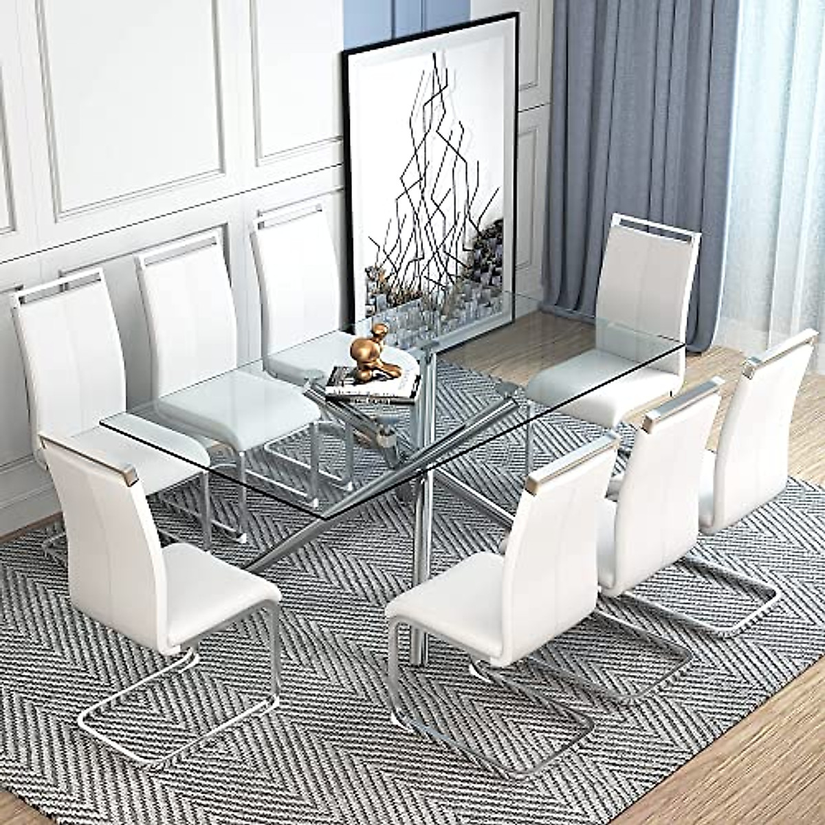 Baysitone 71 inch Dining Glass Table Set for 8, Modern Rectangle Dinner Tempered Glass Table Top and Pu Faux Leather Chairs for Dining Room, Silver Dining Table & Chair Sets for Kitchen, White