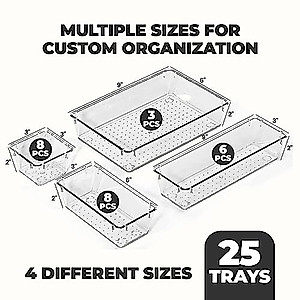 FRANIKAI 25 PCS Clear Plastic Drawer Organizer Set with 4 Sizes, Vanity Desk Drawer Divider & Makeup Organizer, Bathroom, Kitchen, Office Desk & Jewelry Organizer, Cabinet Storage Bins Divider Plastic Drawer Organizer of 25 PCS , Set 4 Sizes for Bathroom,