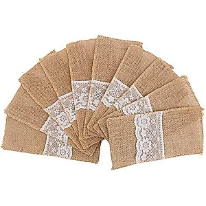 Lucky Monet 50PCS 4 x 8Inch Natural Burlap Lace Silverware Bag Utensil Holder Cutlery Pouch Hessian Knife Fork Tableware Bags for Wedding Party Restaurant Decoration (50PCS)