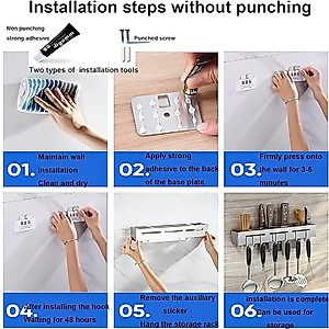 Knife Holder, Stainless Steel Knife Holder with 8 Hooks, No Punching kitchen Wall Mounted Multifunctional Chopsticks & Knife Holder for Storing Chopsticks, Knives & Rags in Home/Hotel