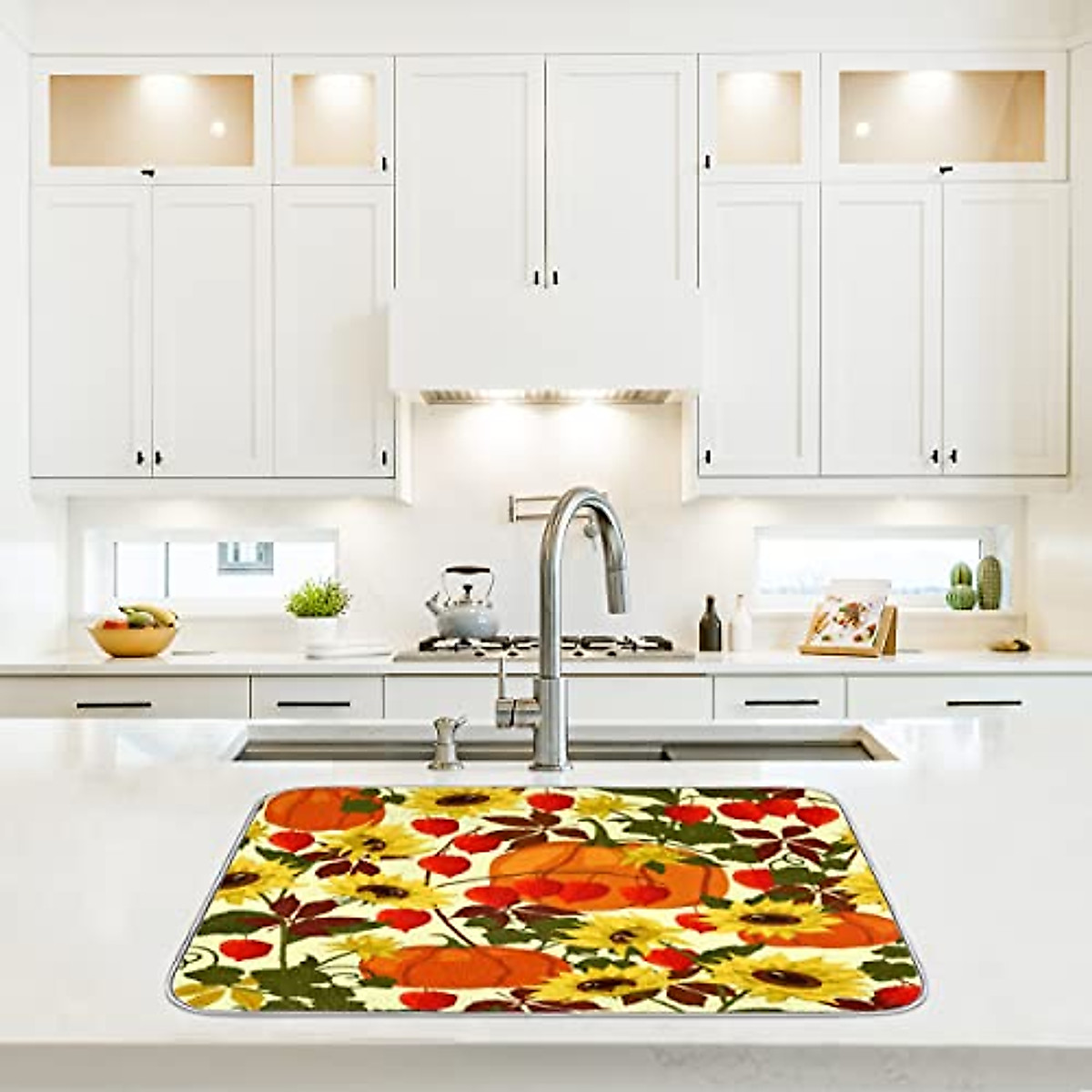 Sunflower Pumpkin Lantern Kitchen Drying Mat 18 x 24 Inch - Reversible Super Absorbent Fiber Dish Drying Pad with Non-Slip Backing for Countertop Tea Coffee Bar Accessories