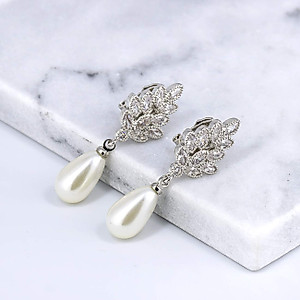 YOQUCOL Leaf-shape Dangle Drop Clip On Earring Zirconia Crystal Simulated Pearl NonPierced Earrings For Women