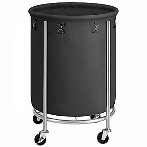 SONGMICS Laundry Basket with Wheels, Rolling Laundry Hamper, 45 Gal., Round Laundry Cart with Steel Frame and Removable Bag, 4 Casters and 2 Brakes, Black and Silver URLS001B01