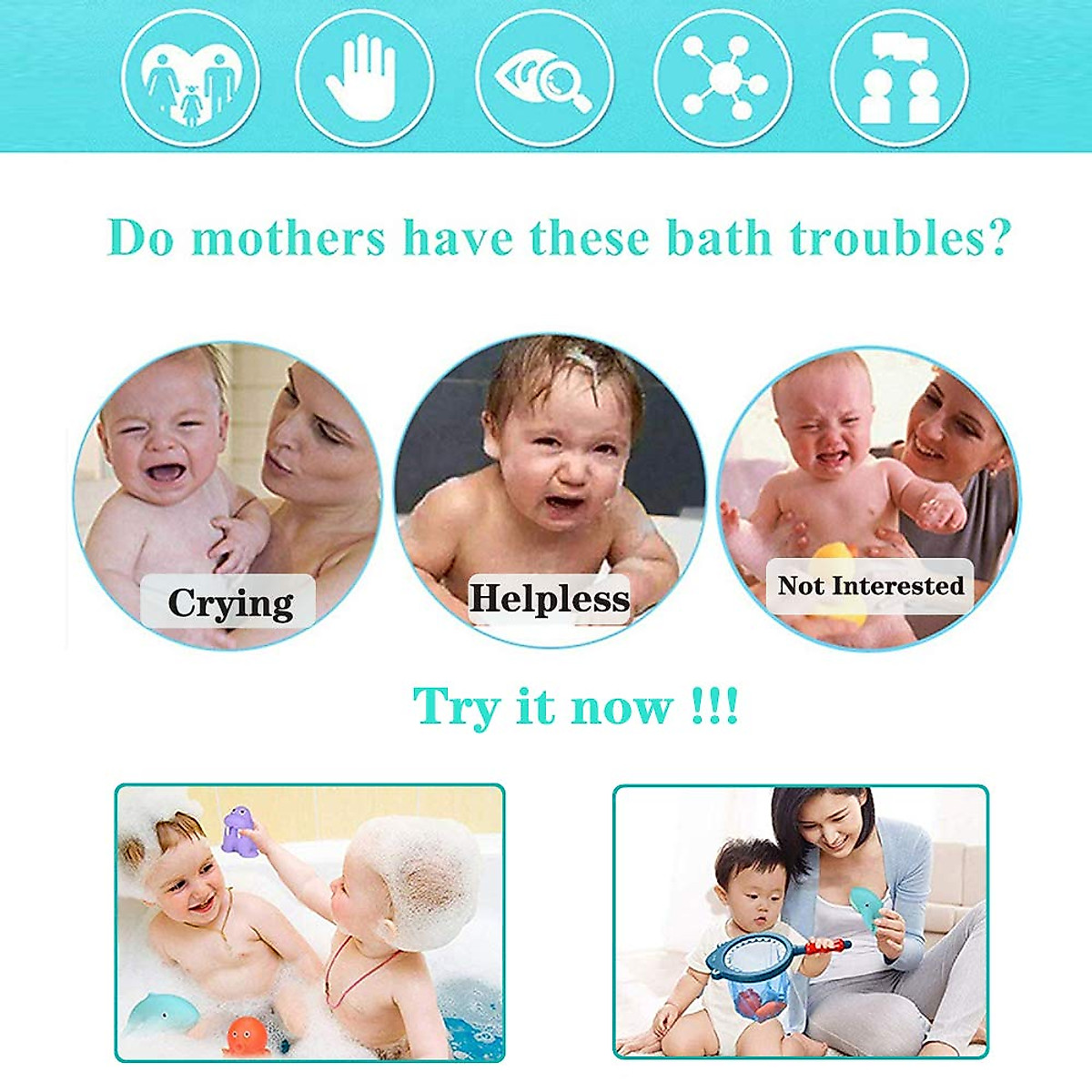 Bath Toy , Fishing Floating Animals Squirts Toys Games Playing Set with Fishing net , Fish Net Game in Bathtub Bathroom Pool for Babies Toddlers and Kids (Blue)