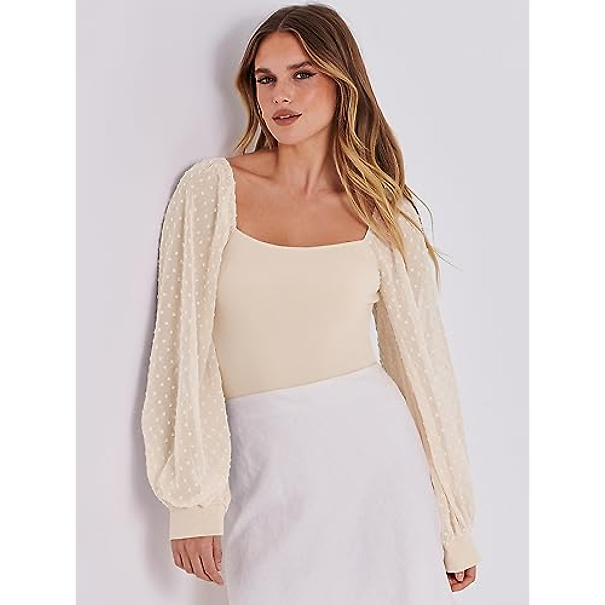 ANRABESS Rompers for Women Sheer Swiss Dot Puff Sleeve Square Neck Bodysuit Fall Casual Long Sleeve Dressy Leotard Top 1071xingse-L