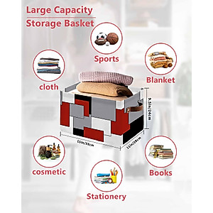 Abstract Storage Basket Large Foldable Storage Bins with Handles Geometric Mid Century Red Nordic Waterproof Fabric Laundry Baskets for Organizing Shelves Closet Toy Gifts Bedroom Home Decor