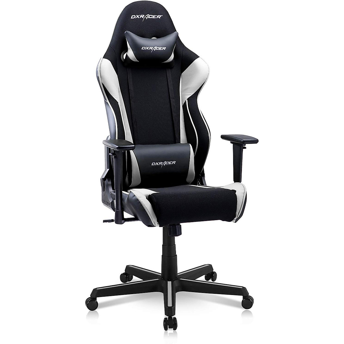 DXRacer Master Suede Racing Series Adjustable Ergonomic Computer Gaming Home Office Leather Desk Chair with Lumbar Support, Swivel Base, Wheels, and Headrest, Extra Large, Black and White
